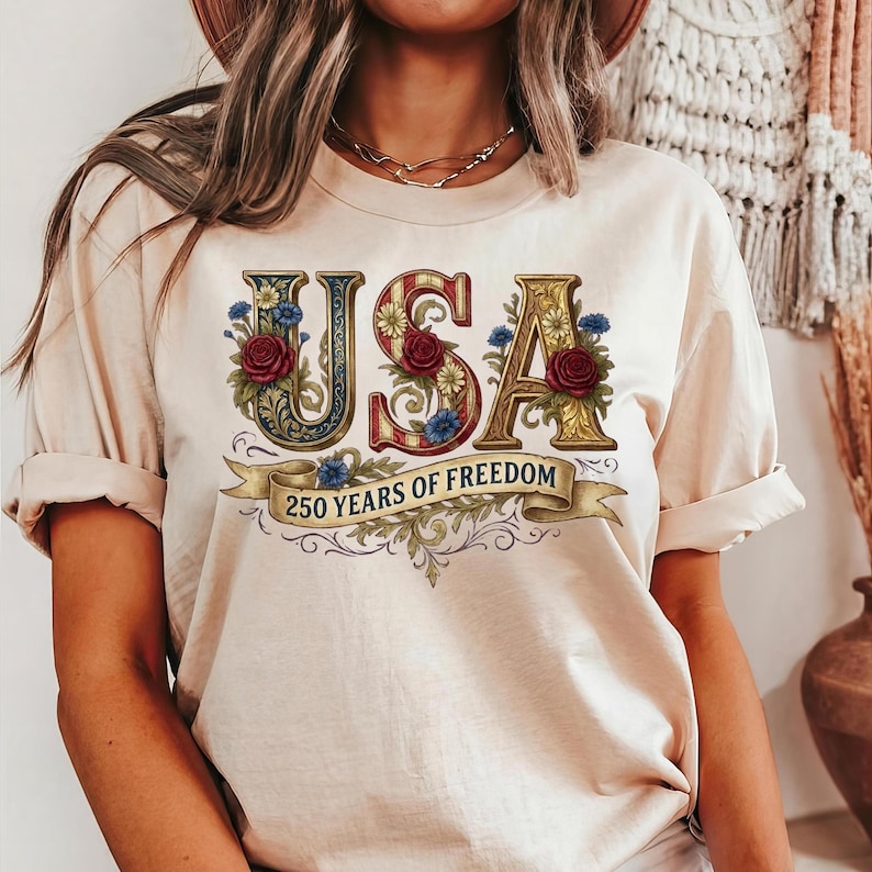 Retro USA 250 Shirt: Floral Patriotic Tee Independence Day Celebration ...
