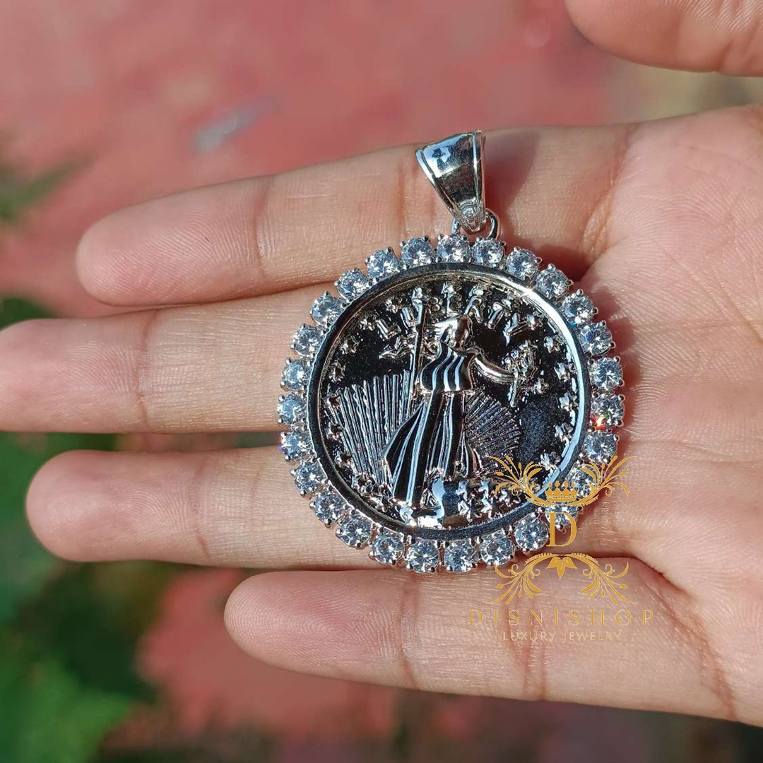 18k White Gold Filled Lady Liberty Coin Pendant Surrounded by Cubic ...