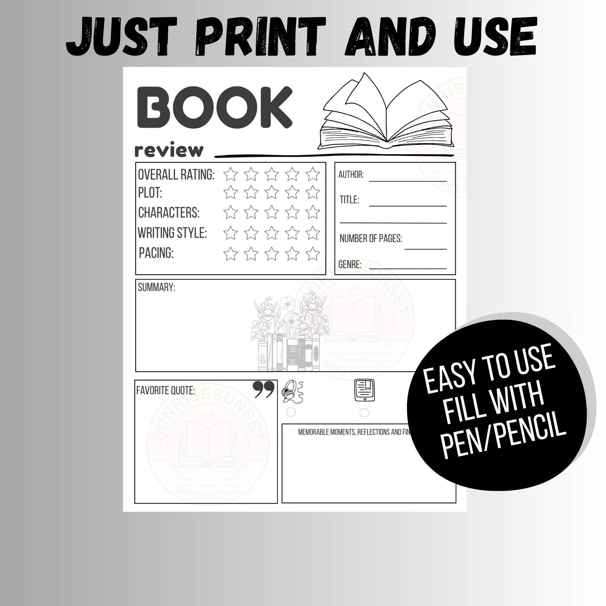 Book Review Template Printable, Printable Reading Journal, Gift for ...