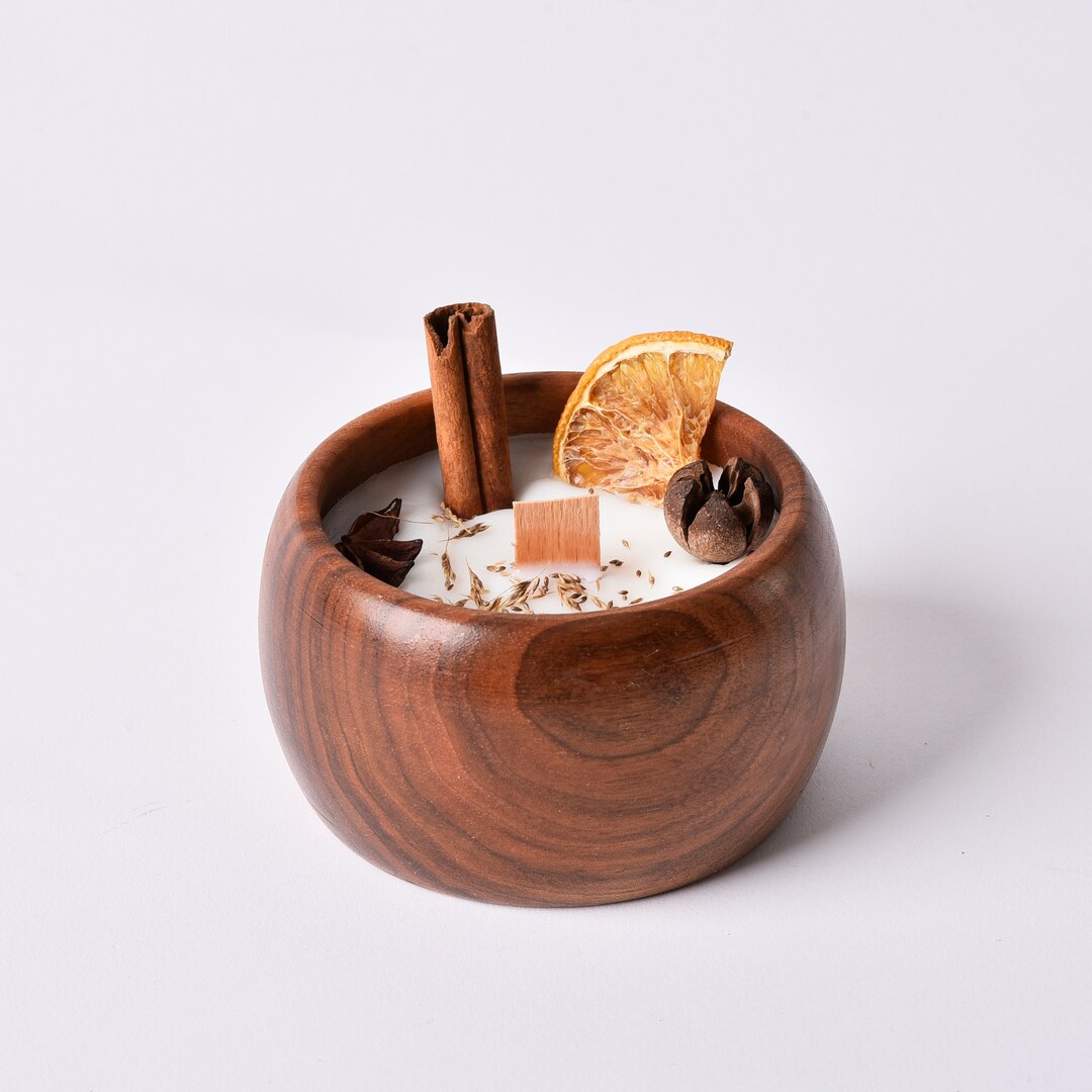 Handmade Wooden Walnut Bowl Candle, Dough Bowl Walnut Candle, Orange ...
