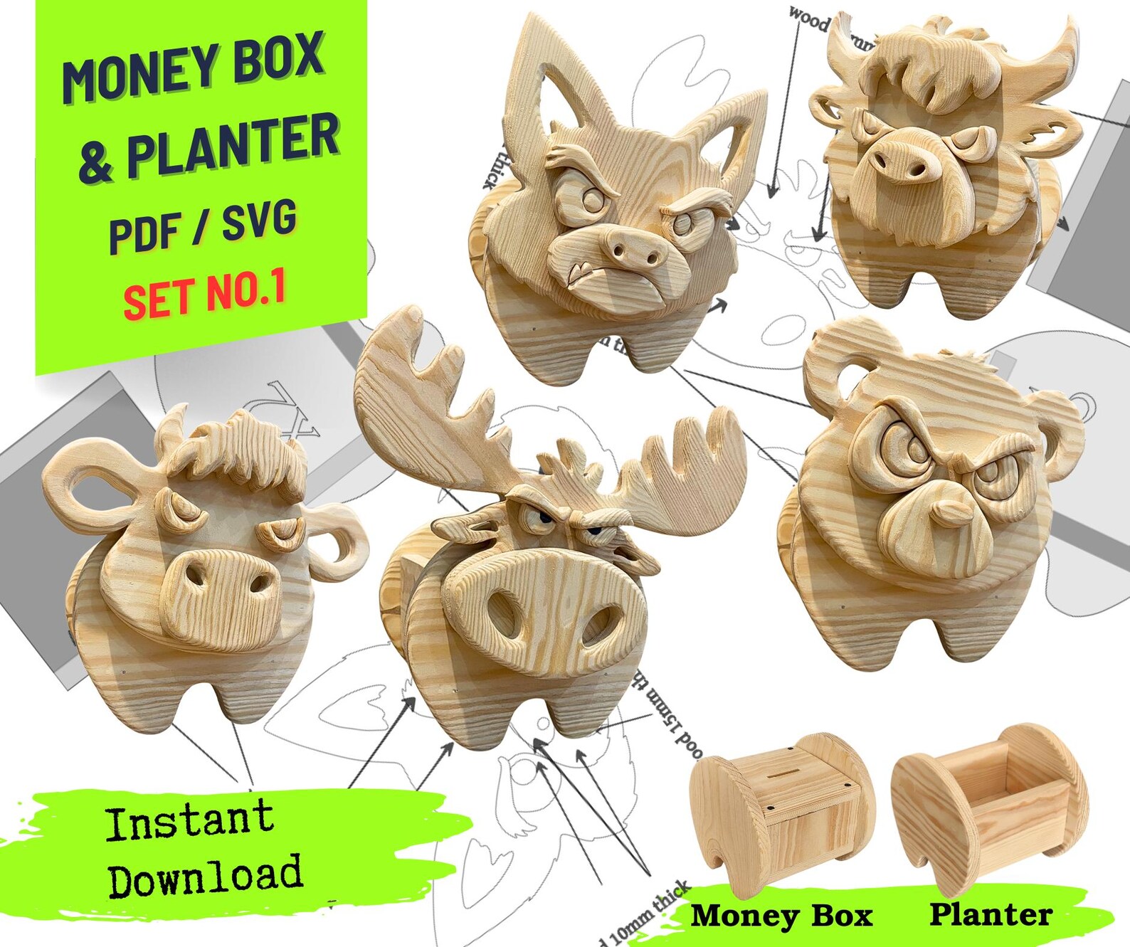 DIY Wooden Animal Planter & Money Box: Scroll Saw Patterns (PDF/SVG) - Etsy