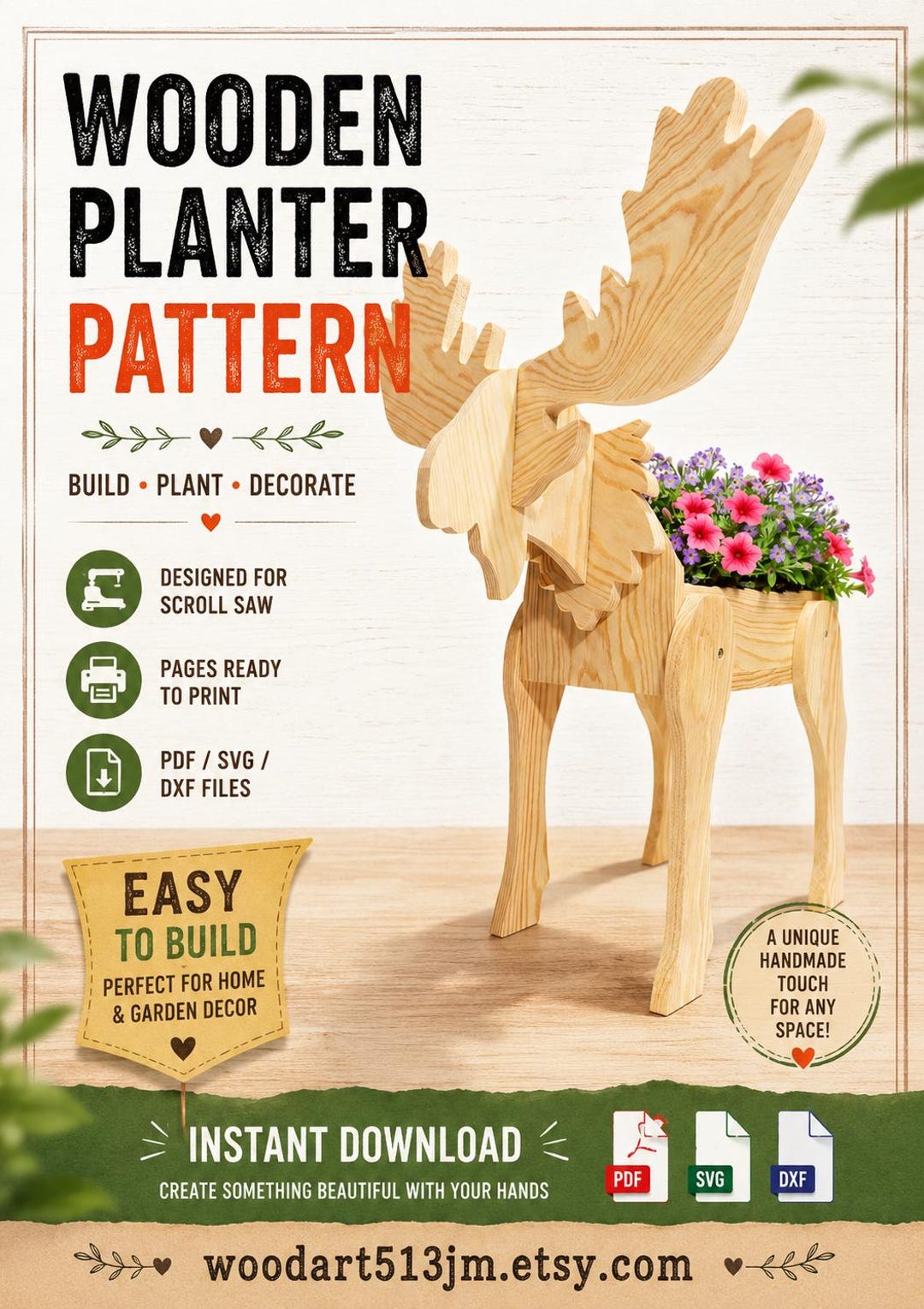 Wooden Moose Planter Scroll Saw Pattern: Animal Flower Pot, Woodworking ...