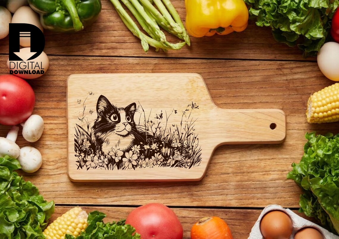 Laser Engraved Cat Cutting Board SVG: Kitchen Decor Digital File - Etsy
