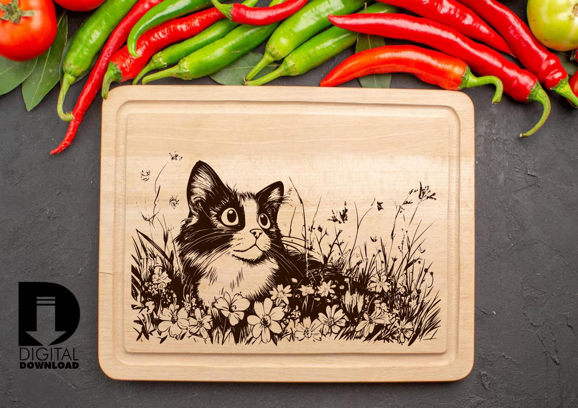 Laser Engraved Cat Cutting Board SVG: Kitchen Decor Digital File - Etsy