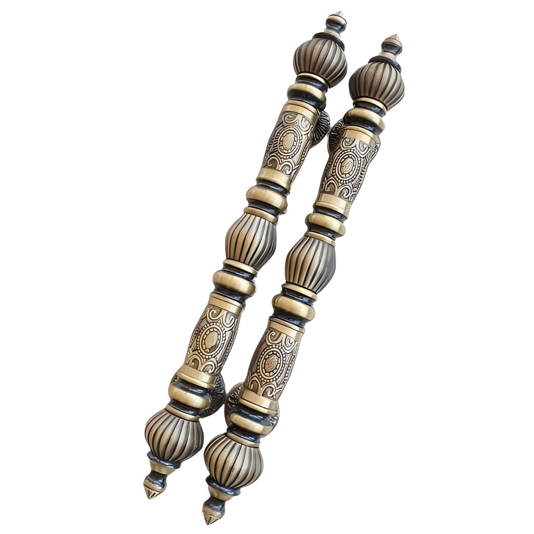 Vintage Solid Brass Hand Carving Door Handle 1 Pair Drawer Pulls Knobs ...