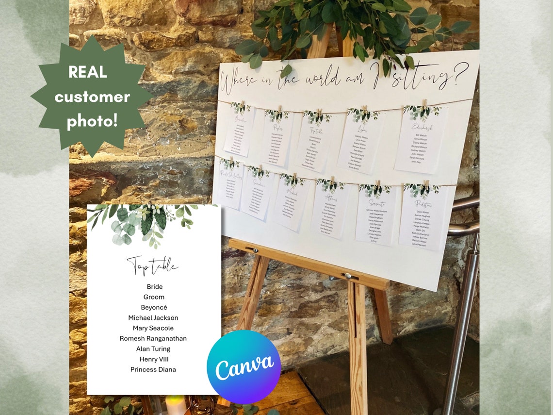 5x7 EDITABLE Eucalyptus Table Plan Cards, Wedding Seating Chart ...
