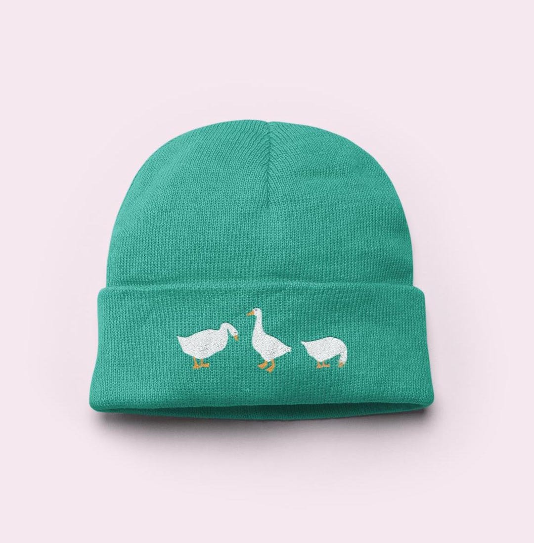 Geese Embroidered Beanie Hat, Geese Beanie, White Goose Hat, White ...
