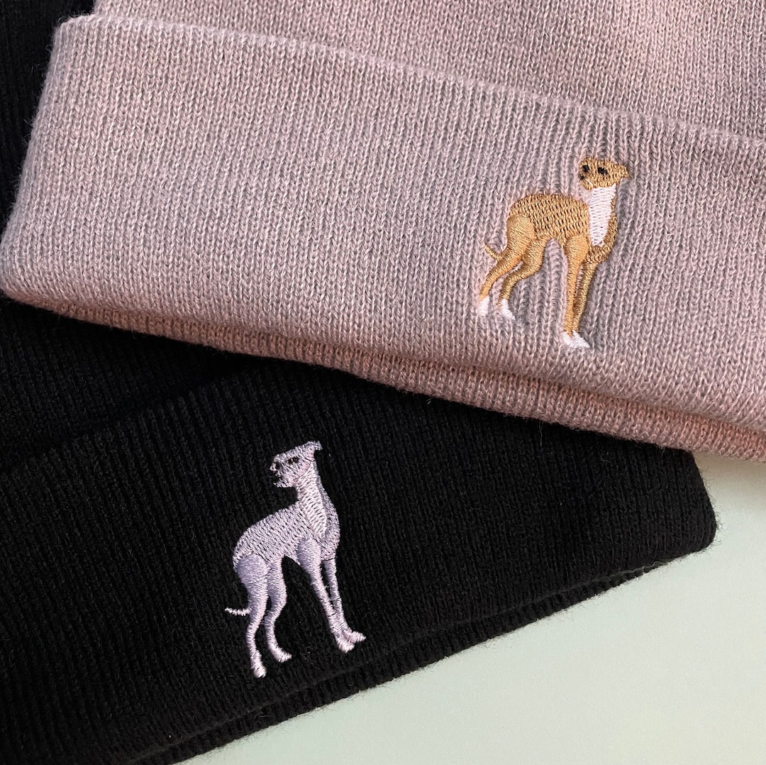Whippet Beanie Hat: Embroidered Whippets, Vegan Knit Dog Lover Gift ...