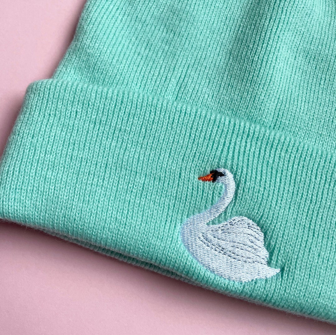 Swan Embroidered Beanie Hat: Double Layer Knit, Vegan - Etsy