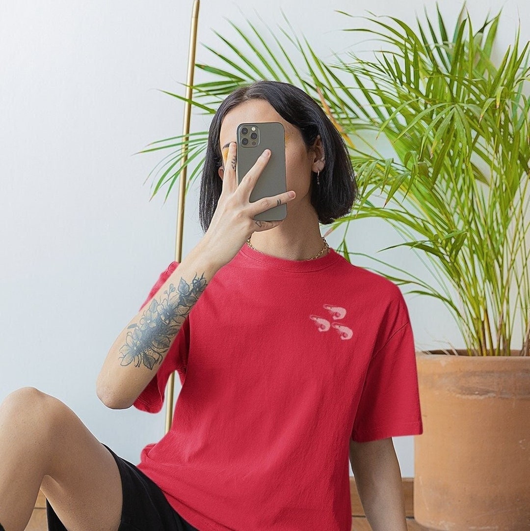 Embroidered Prawn Cotton T-shirt: Pink Shrimp Design - Etsy