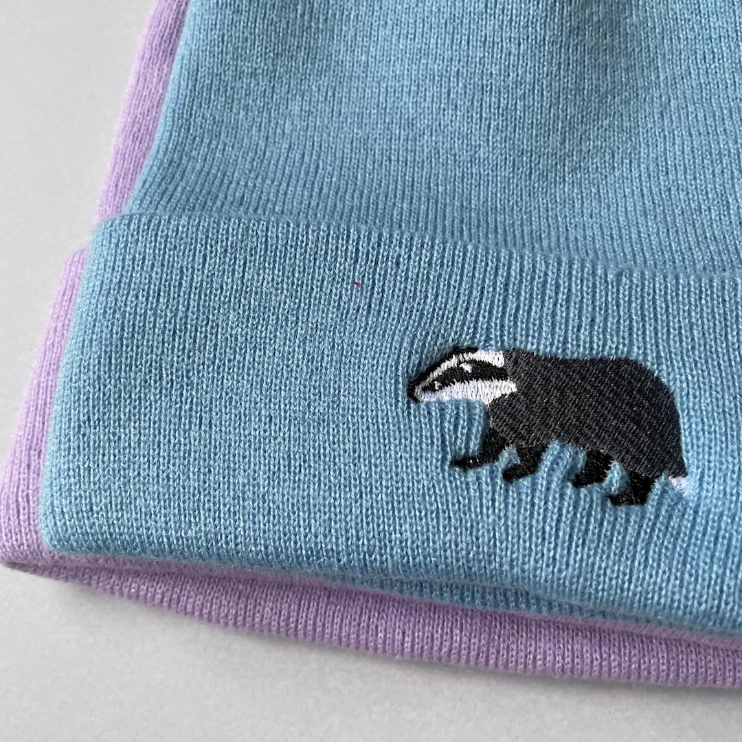 Embroidered Badger Beanie: Vegan Cuffed Knit Hat - Etsy