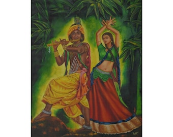 Radha Krishna Painting of Krishna Left Vrindavan Scene Art on Silk ...