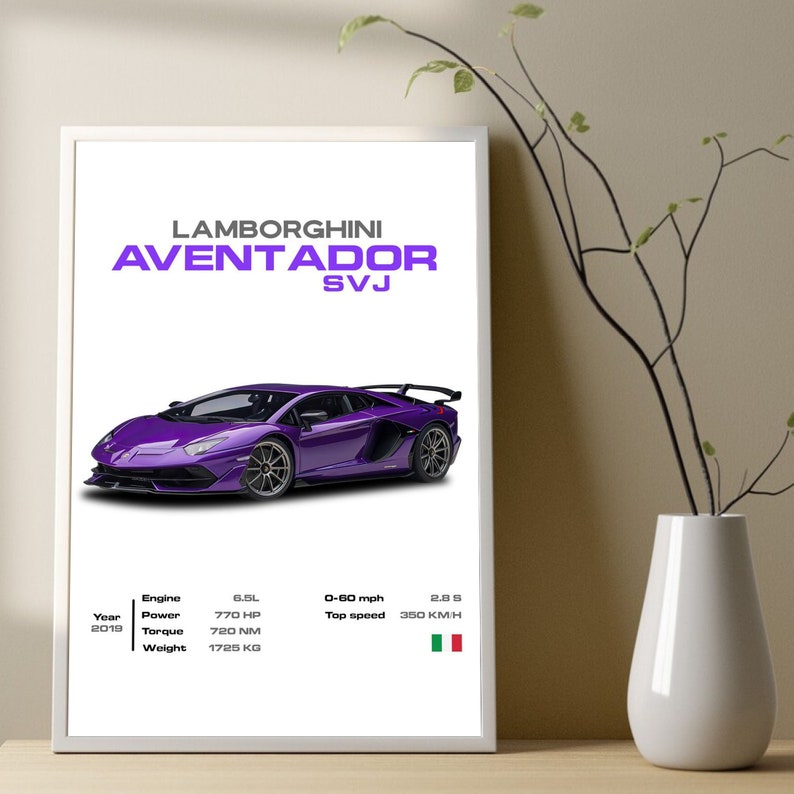 Lamborghini Aventador SVJ Poster, Car Poster Digital Print, Minimalist ...