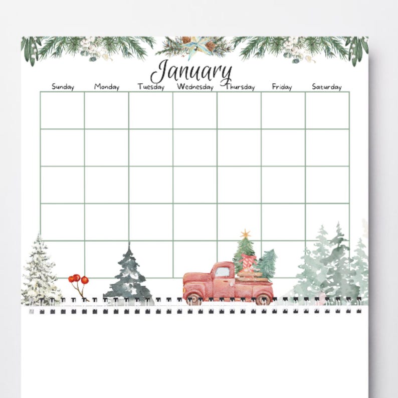 EDITABLE January 2026 Calendar, Snowy Pine Trees, Old Red Truck ...