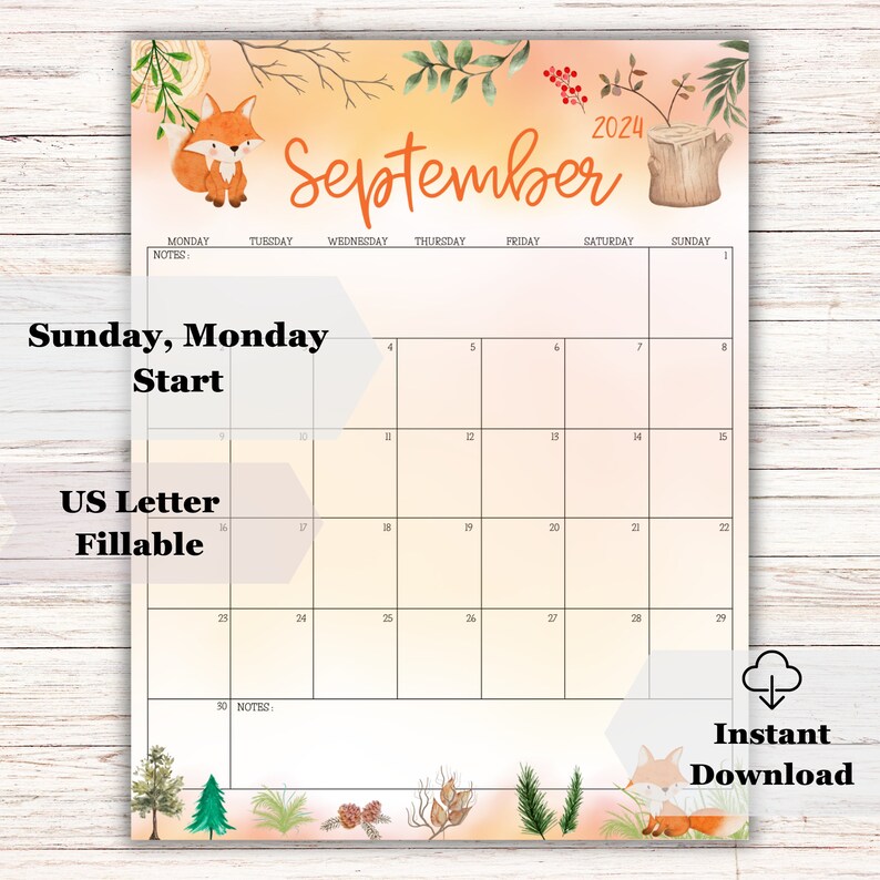 EDITABLE September 2024 Calendar, Back to School, Cute Fox, Vertical ...