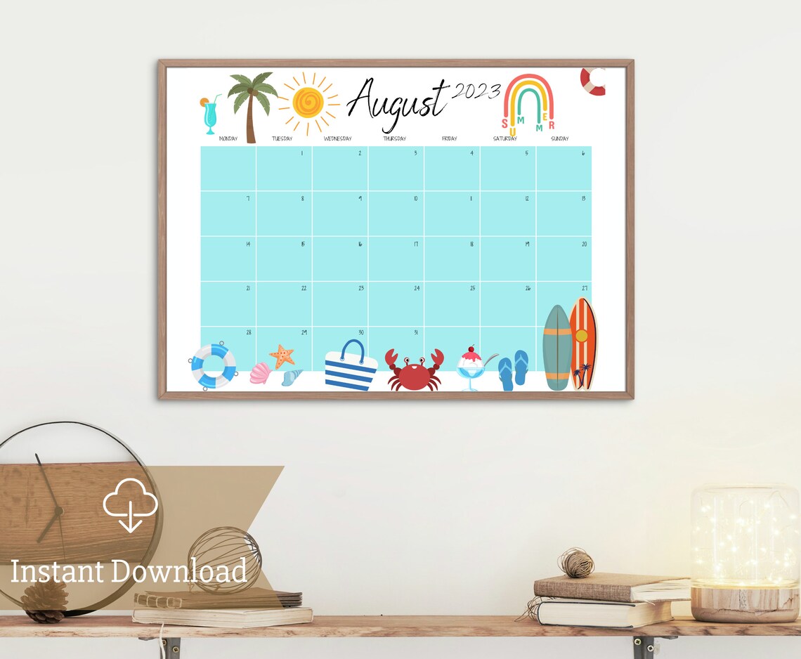 EDITABLE August 2023 Calendar Beautiful Summer Rainbow Sun - Etsy