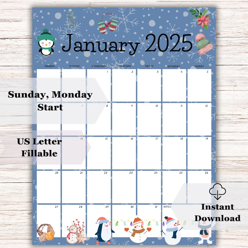 EDITABLE January 2025 Calendar, Beautiful Winter, Snowmen and Penguins ...