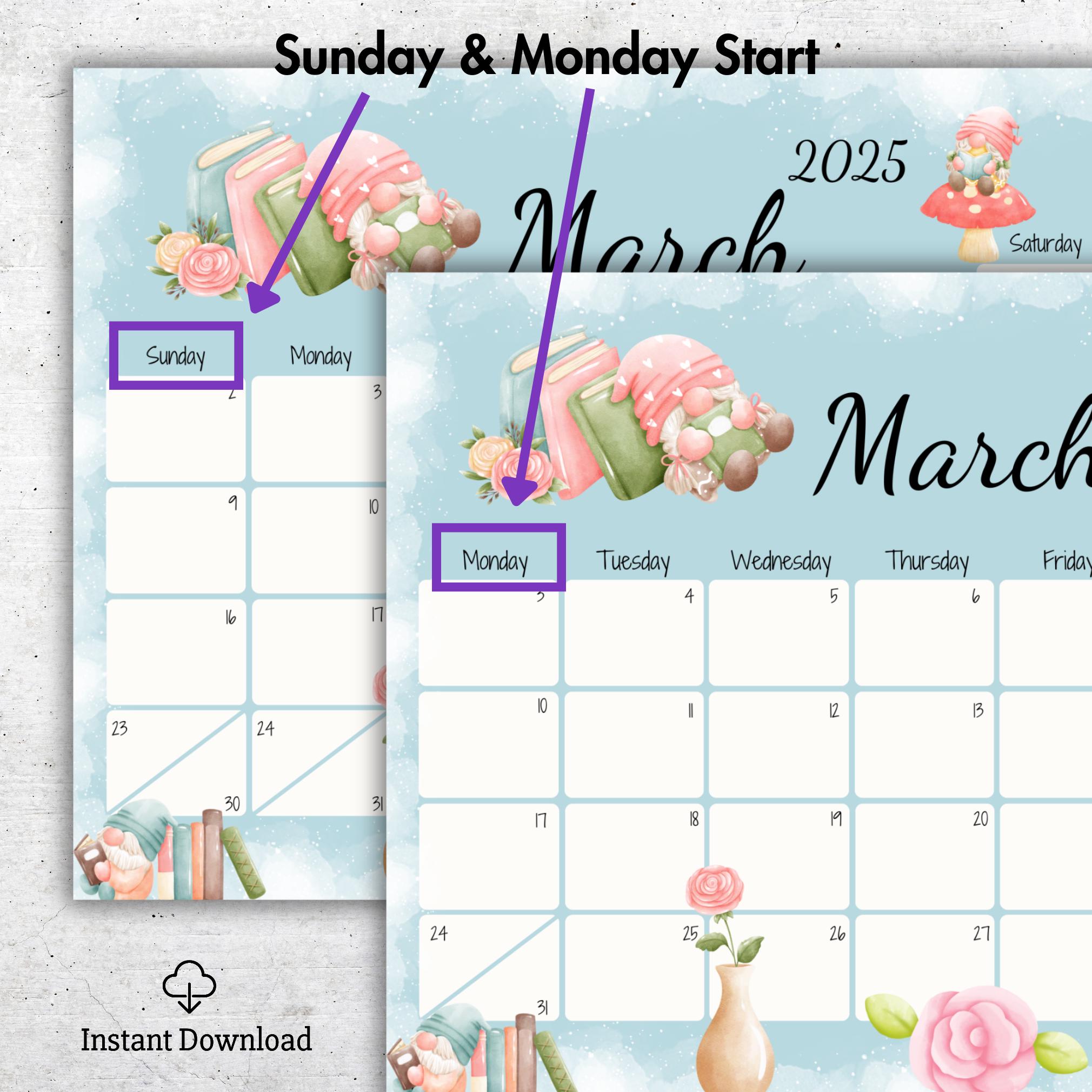EDITABLE March 2025 Calendar, Fillable Calendar, Cute Gnomes, Happy St ...
