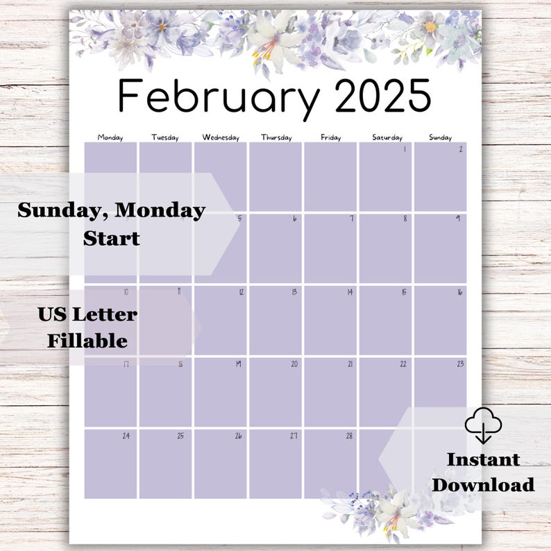 EDITABLE February 2025 Calendar, Beautiful Purple Flowers, Winter ...