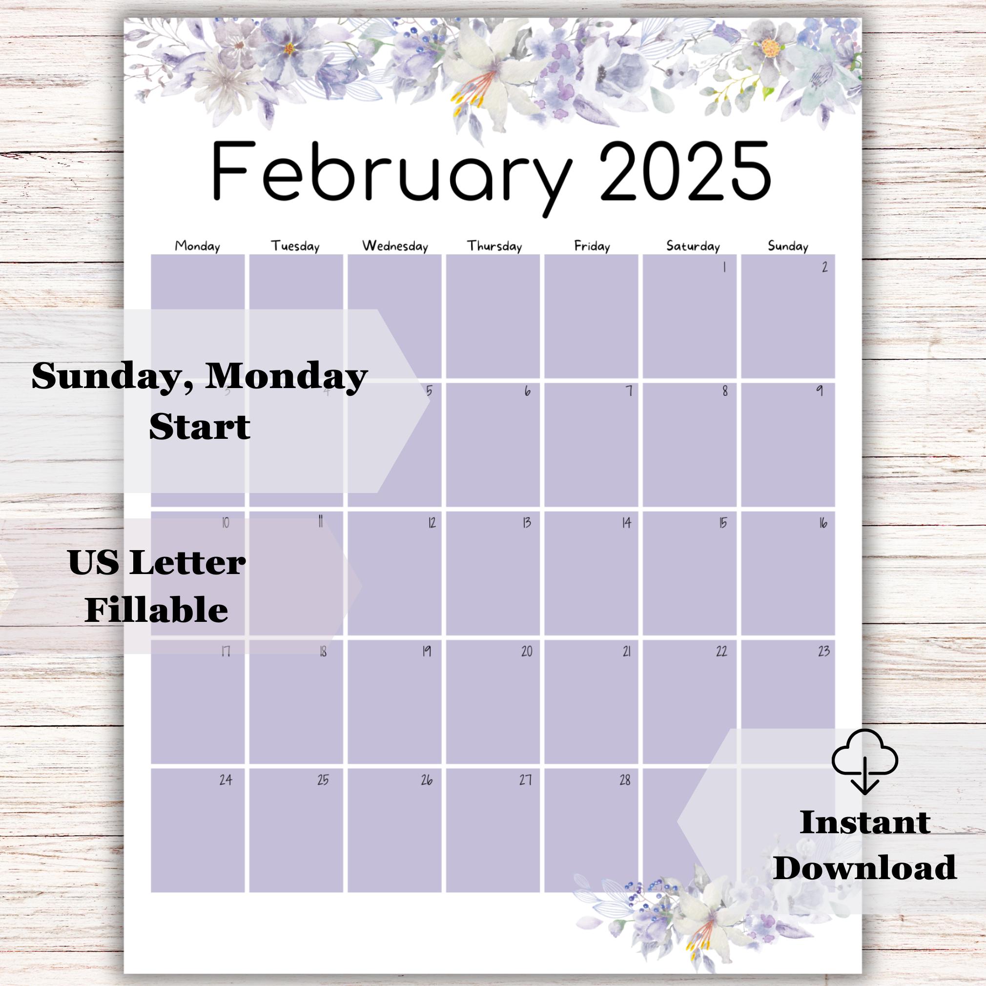 EDITABLE February 2025 Calendar, Beautiful Purple Flowers, Winter ...