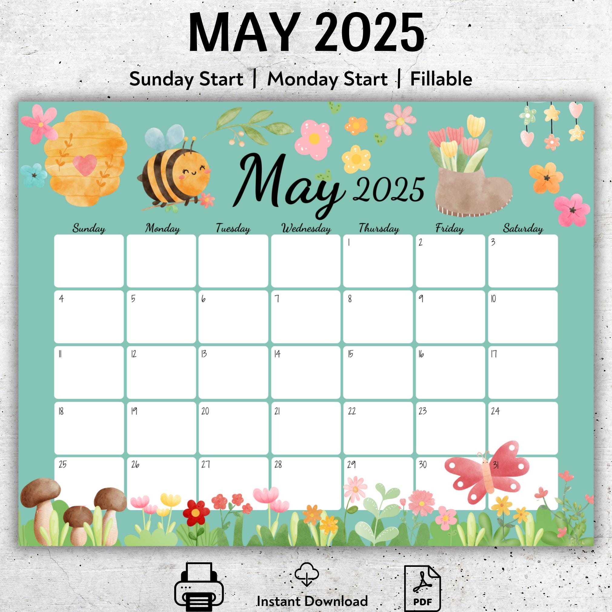 EDITABLE May 2025 Calendar, Beautiful Spring, Colorful Flowers, Cute ...