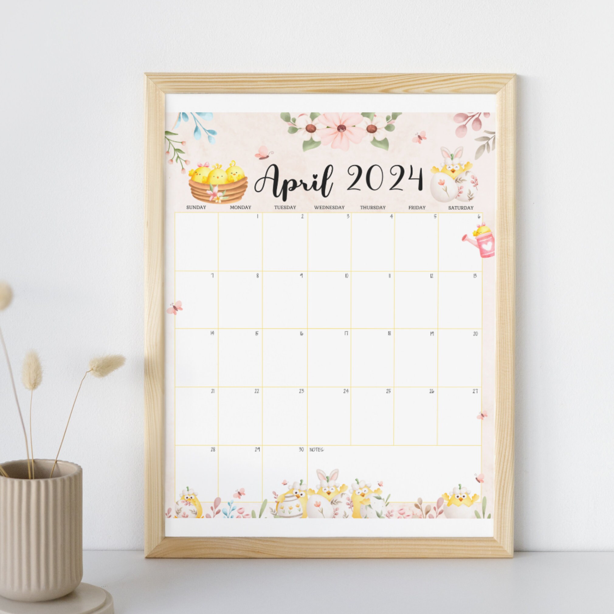 EDITABLE April 2024 Calendar, Happy Easter Day, Cute Ducks Chicken ...