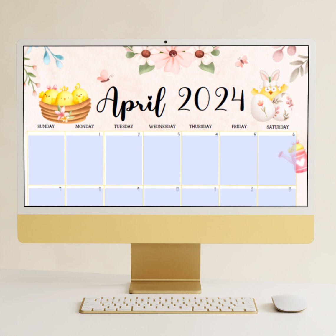 EDITABLE April 2024 Calendar, Happy Easter Day, Cute Ducks Chicken ...