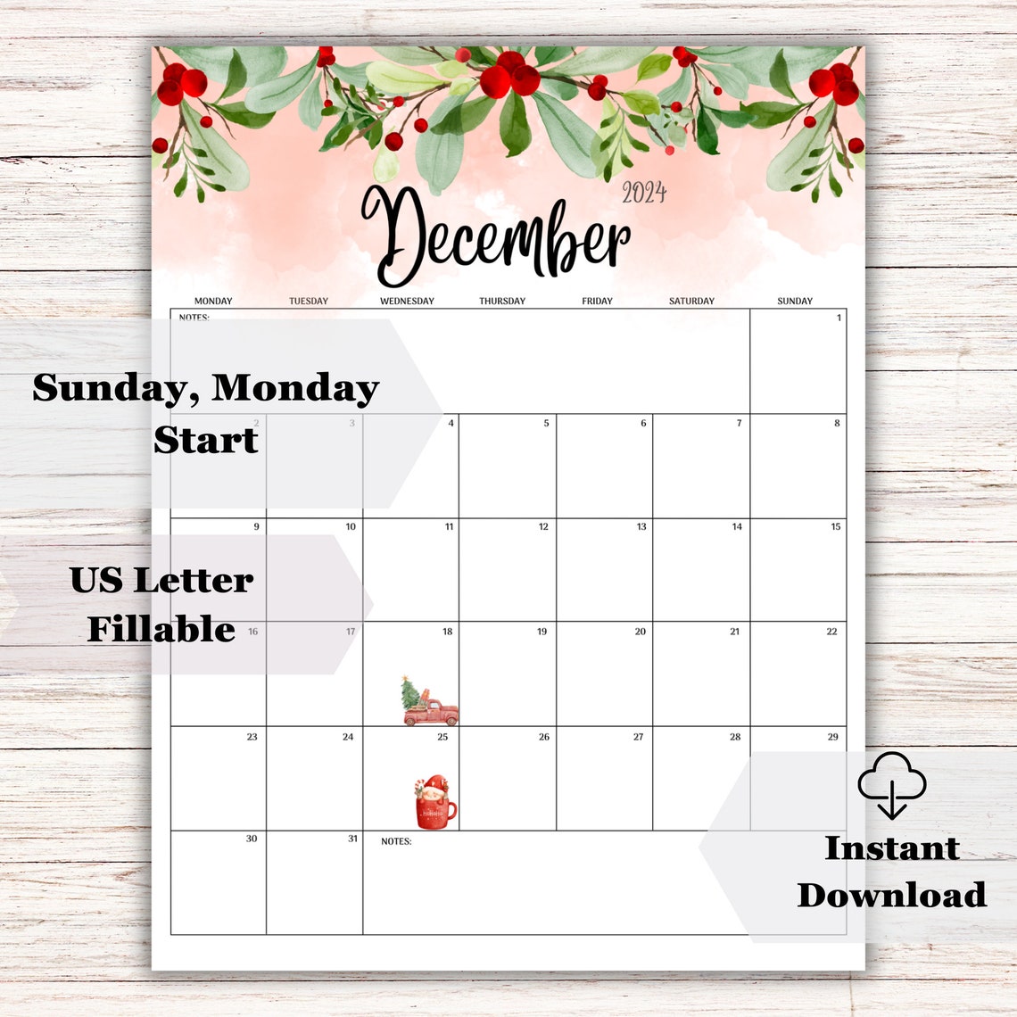 EDITABLE December 2024 Calendar, Beautiful Watercolor Flowers ...
