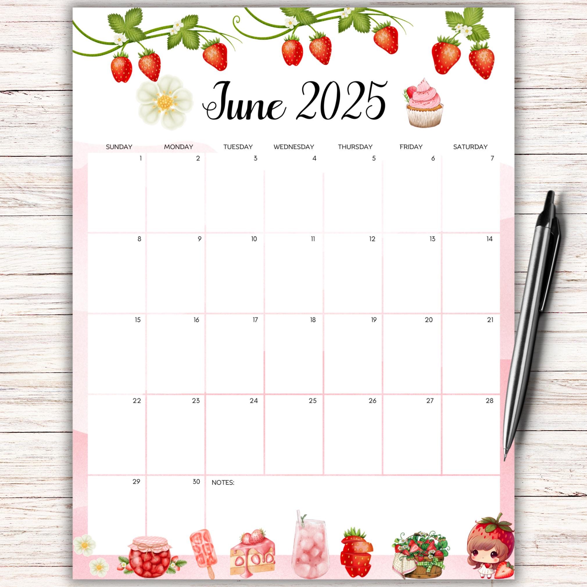 Strawberry-themed Printable June 2025 Calendar, US Letter Size, Sunday ...