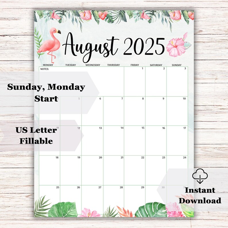 August 2025 Calendar Printable, Tropical Flamingo Design, Fillable PDF ...