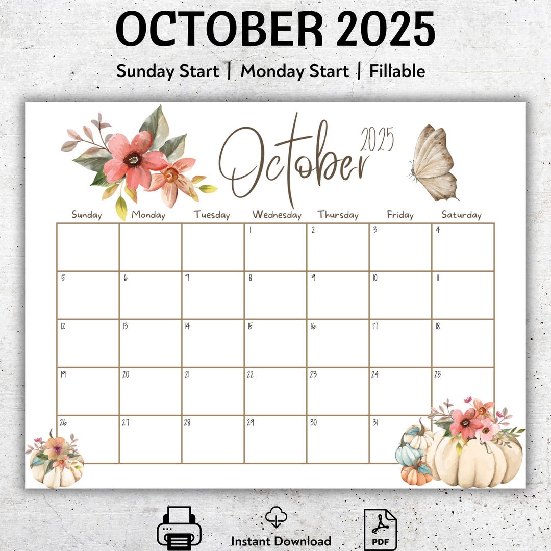 EDITABLE October 2025 Calendar, Beautiful Pumpkins, Colorful Flowers ...