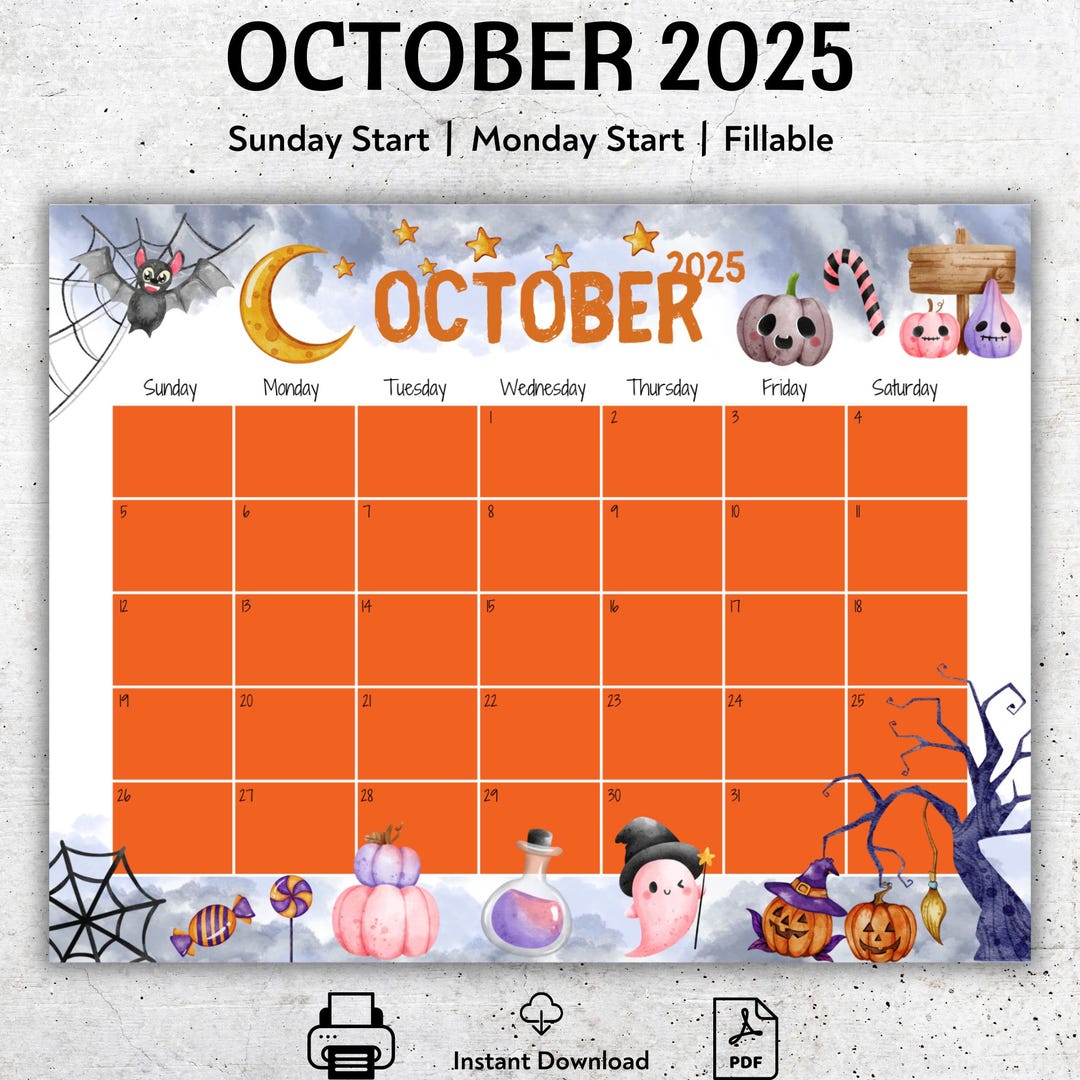 EDITABLE October 2025 Calendar, Happy Halloween, Pretty Ghost, Kid ...