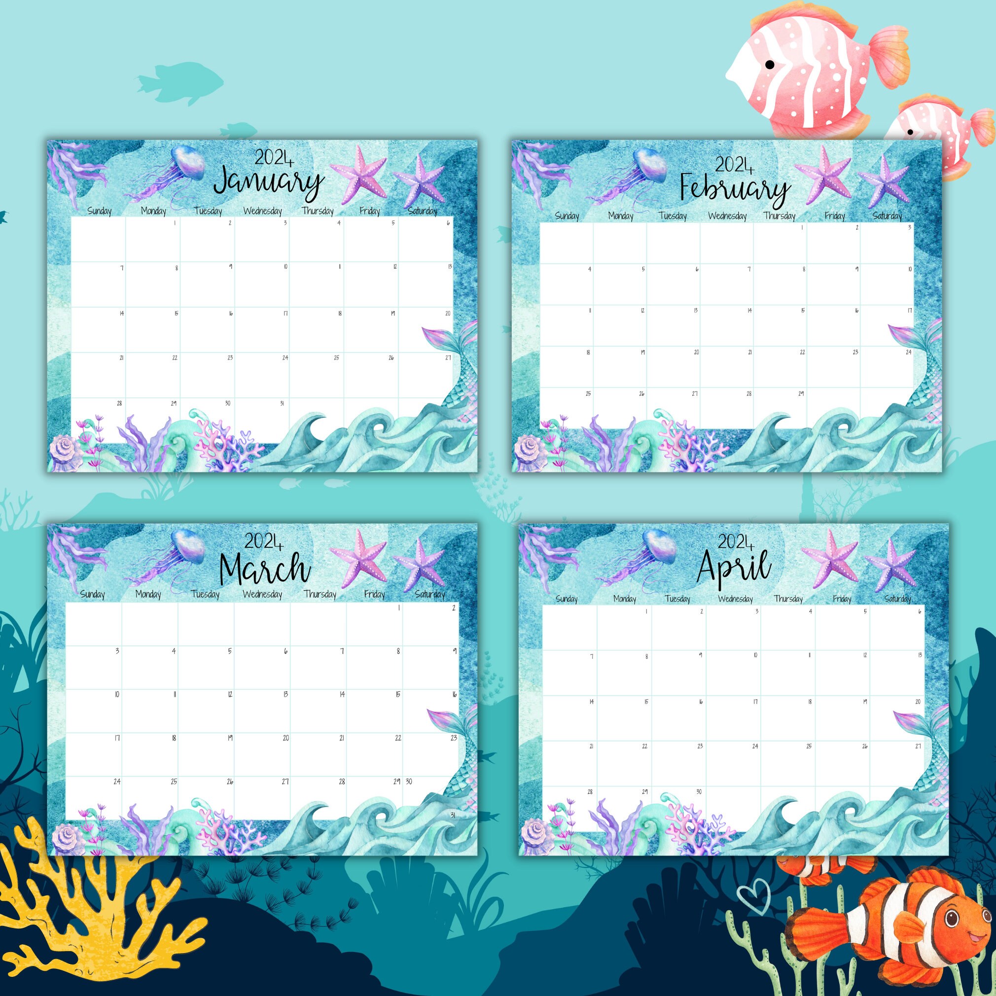 Ocean Themed 2024 Calendar Homeschool Calendar School Home - Etsy