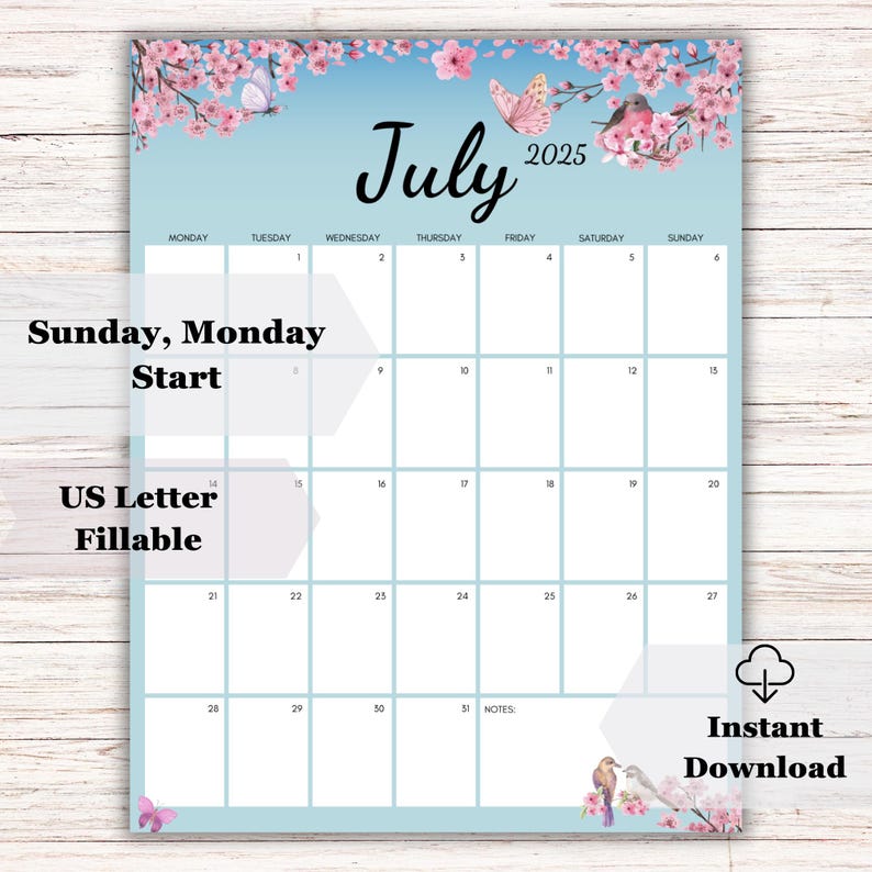 Cherry Blossom July 2025 Printable Calendar, Fillable US Letter Monthly ...