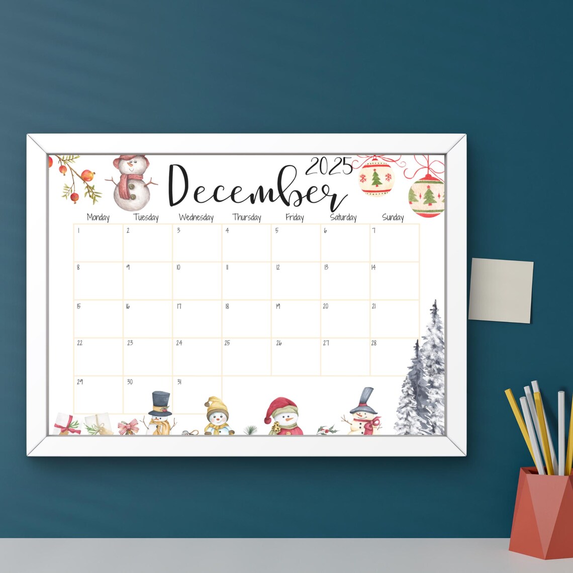 EDITABLE December 2025 Calendar, Beautiful Winter, Cute Snowman ...