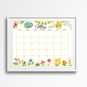 EDITABLE May 2025 Calendar, Colorful Flowers, Butterfly, Mushrooms ...