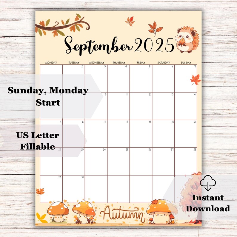 September 2025 Printable Calendar - Woodland Autumn Theme | Hedgehog ...