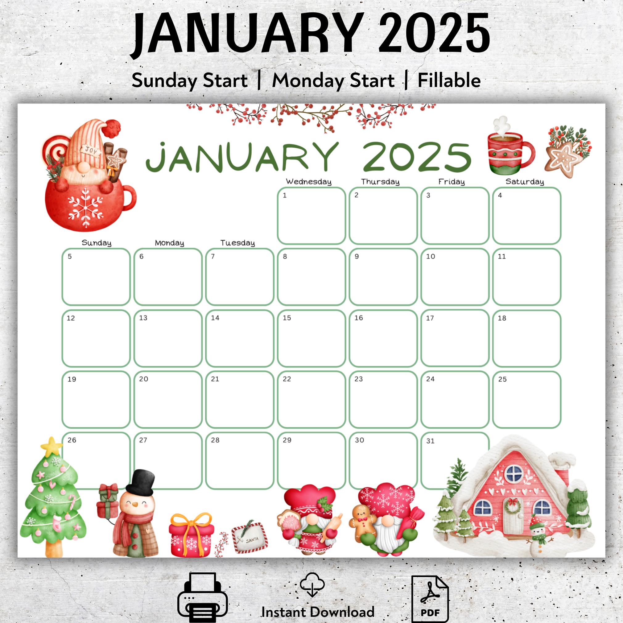 EDITABLE January 2025 Calendar, Cute Gnoms, Beautiful Winter, Happy New ...