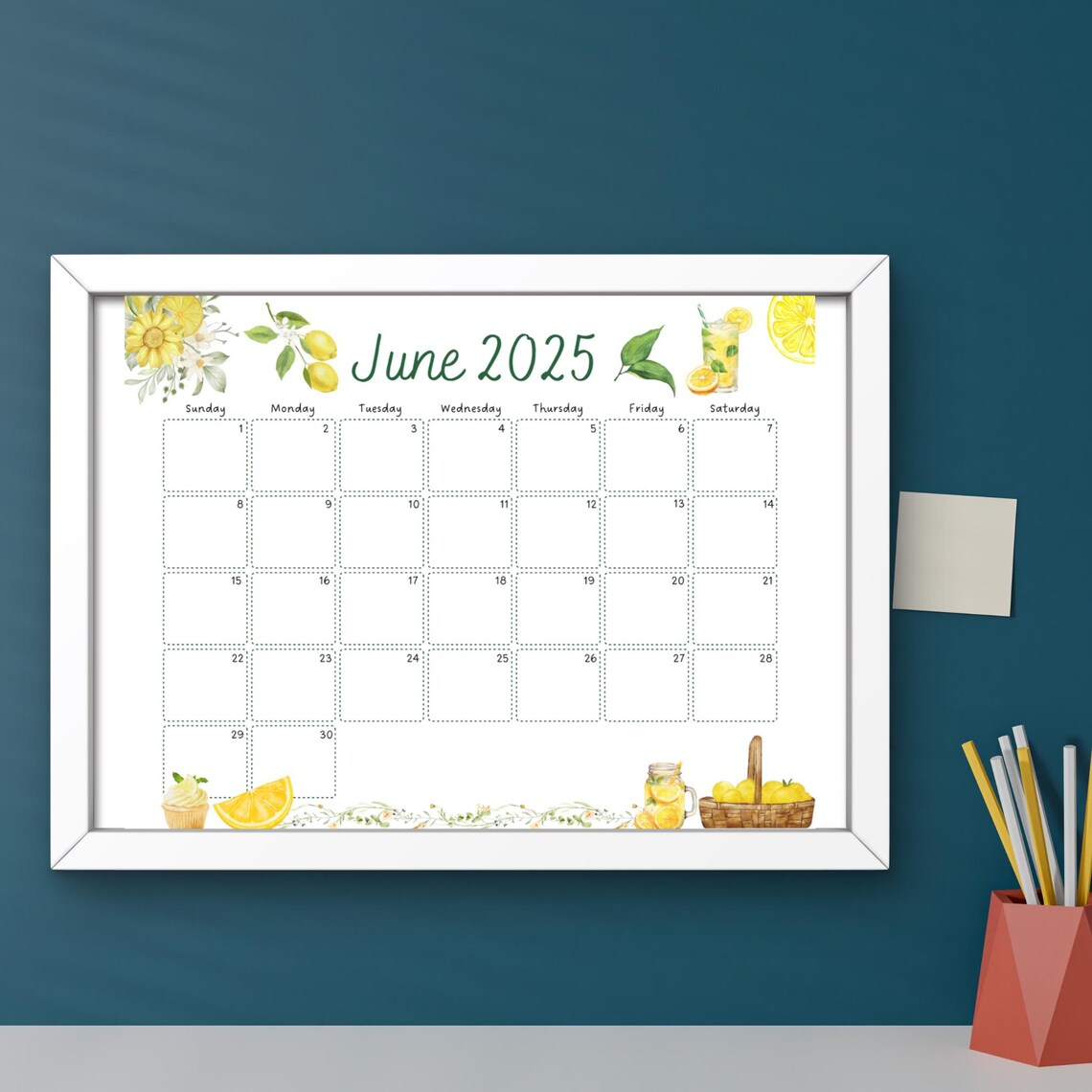 June 2025 Printable Calendar, Lemon Theme Design, Customizable Monthly ...