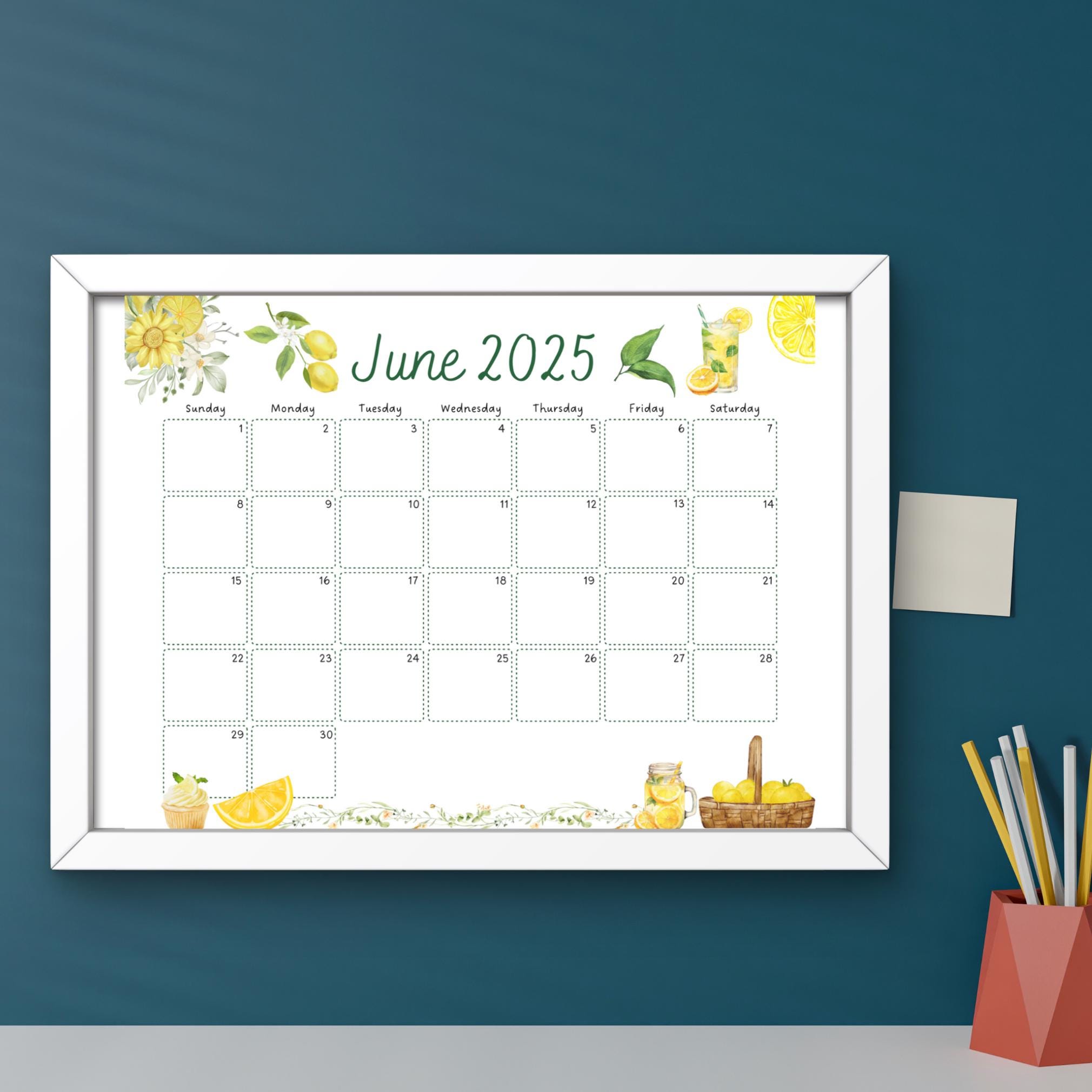 June 2025 Printable Calendar, Lemon Theme Design, Customizable Monthly ...