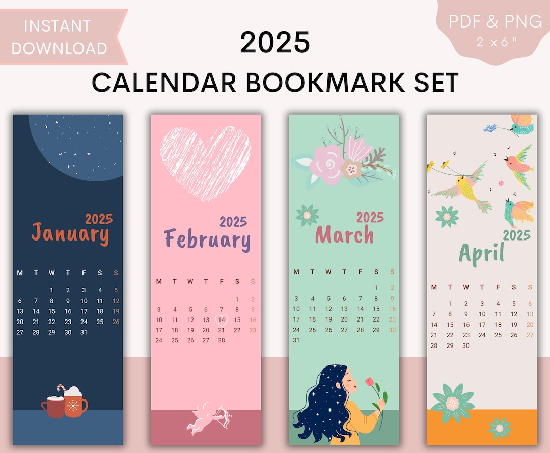 2025 Printable Calendar Bookmark Set, Monthly Themed Bookmarks, Floral ...