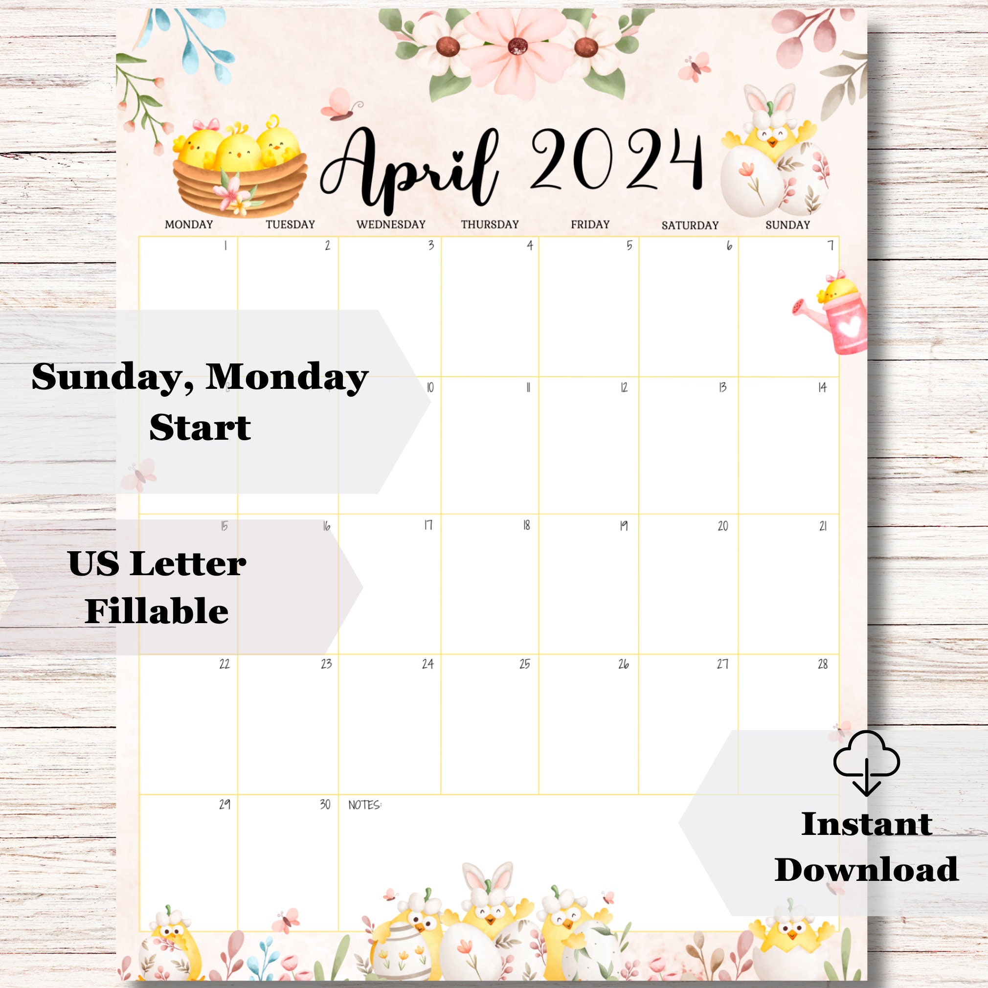 EDITABLE April 2024 Calendar, Happy Easter Day, Cute Ducks Chicken ...