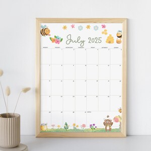 Bee-themed Printable Calendar July 2025, Cute Honey and Floral Monthly ...