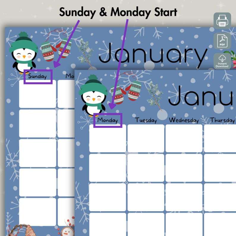 EDITABLE January Calendar, Beautiful Winter, Snowmen and Penguins ...