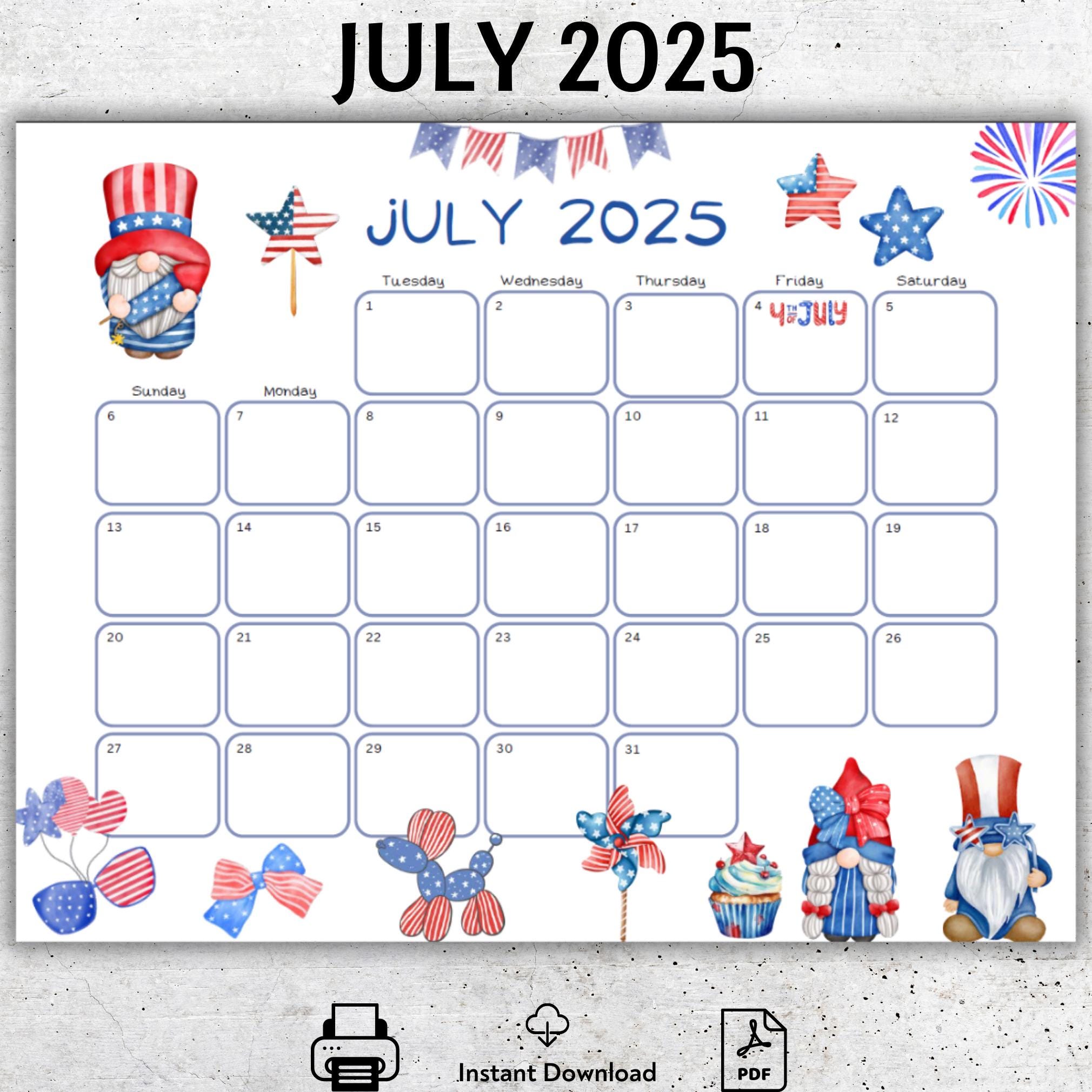 July 2025 Printable Calendar | Patriotic 4th of July Theme | Fillable ...