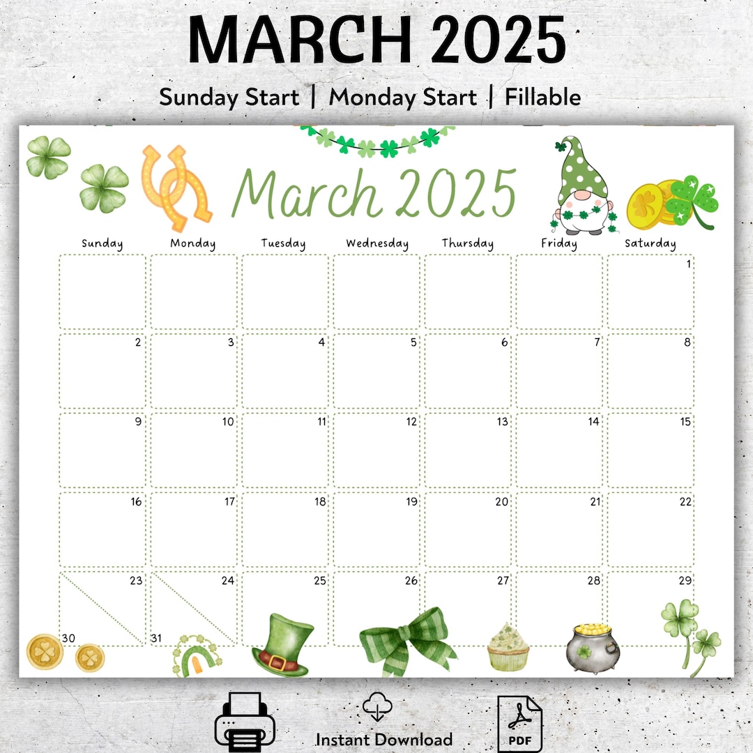 EDITABLE March 2025 Calendar, Happy St. Patrick's Day, Horseshoe, Green ...