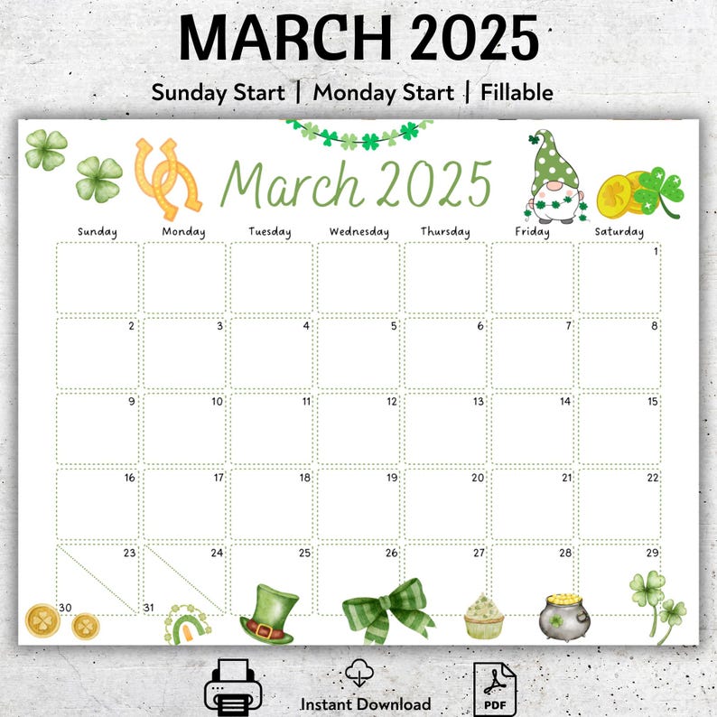 EDITABLE March 2025 Calendar, Happy St. Patrick's Day, Horseshoe, Green ...