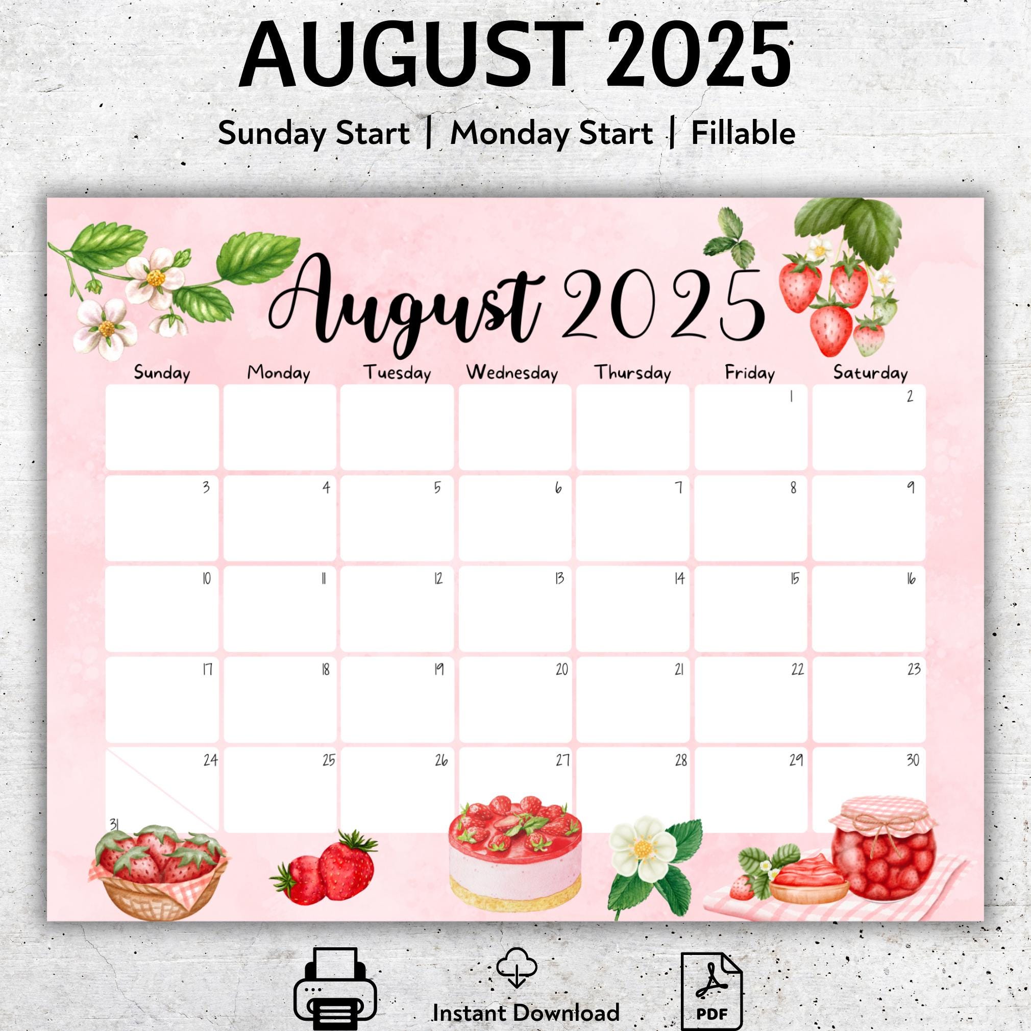 Calendario de agosto de 2025 editable, hermoso verano, deliciosas ...