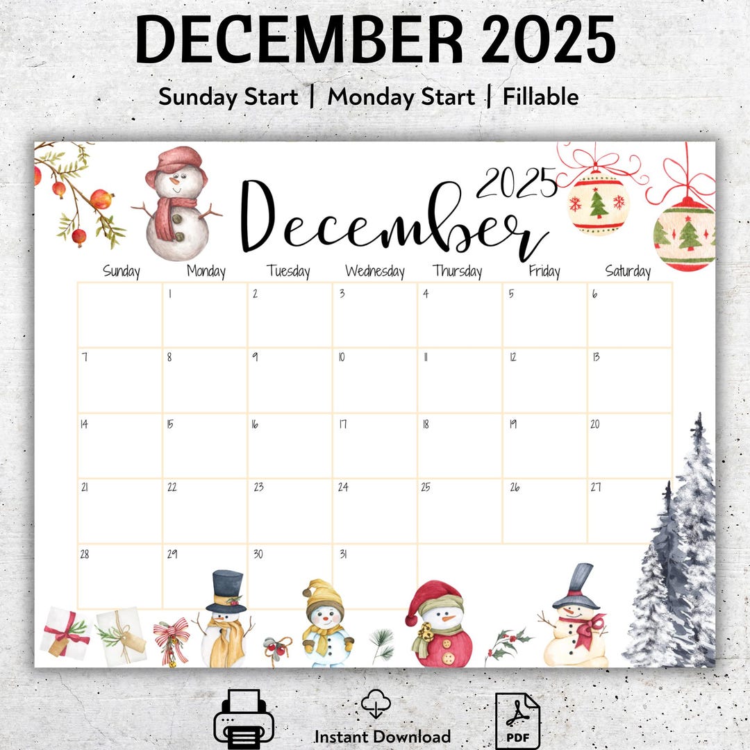 EDITABLE December 2025 Calendar, Beautiful Winter, Cute Snowman ...