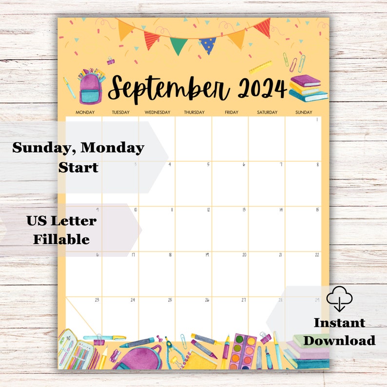 EDITABLE September 2024 Calendar, School Time, Back to School ...